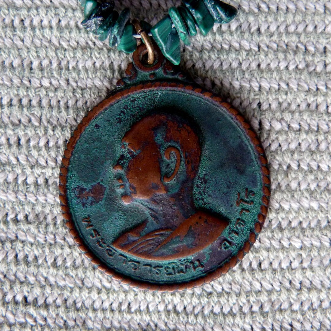 Bronze Amulet of Venerable Monk Necklace - Malachite Chip Beads - Etsy