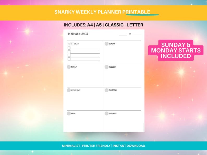 Snarky WEEKLY Planner Printable, Funny Planner, Downloadable Planner ...