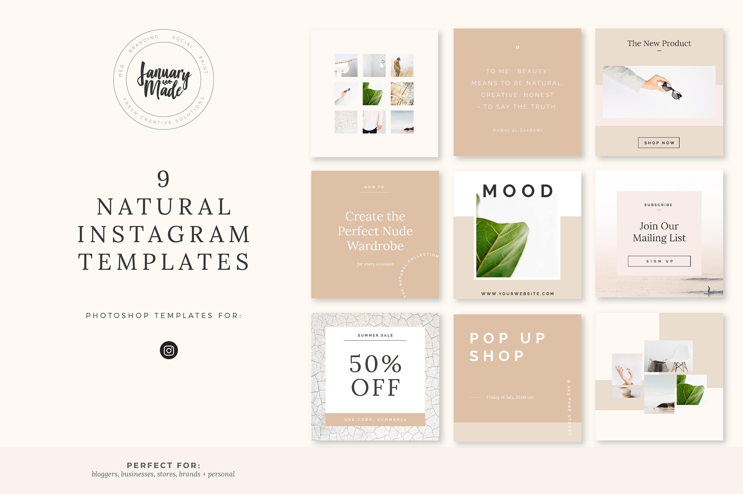 Natural Instagram Template Pack: 9 Square Social Media Templates ...