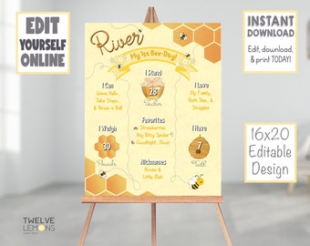 Editable Bee Milestone Birthday Poster Bumble Bee First - Etsy