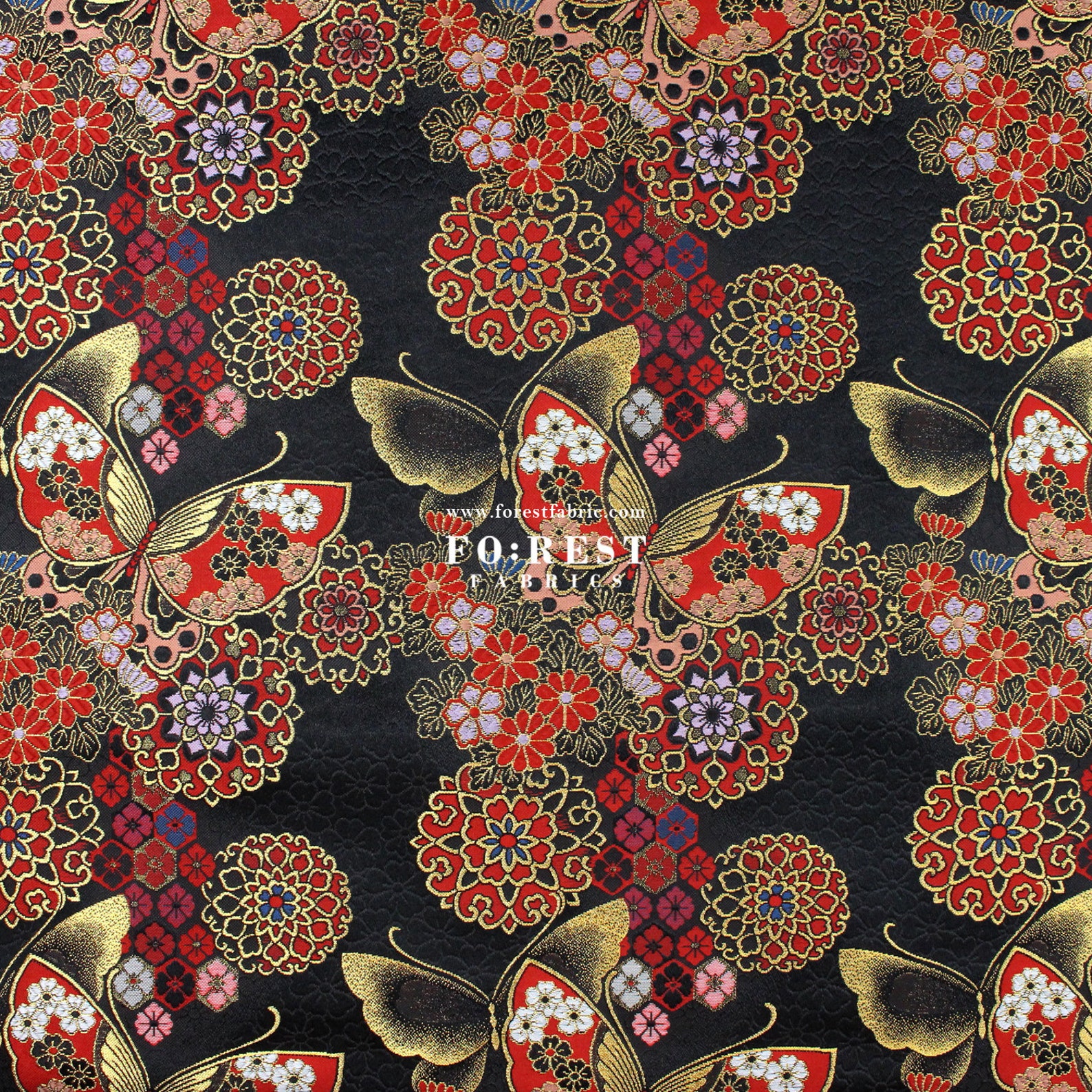 Gold Brocade - Butterfly Japanese Style KINRAN Fabric Blackred - 25cm ...