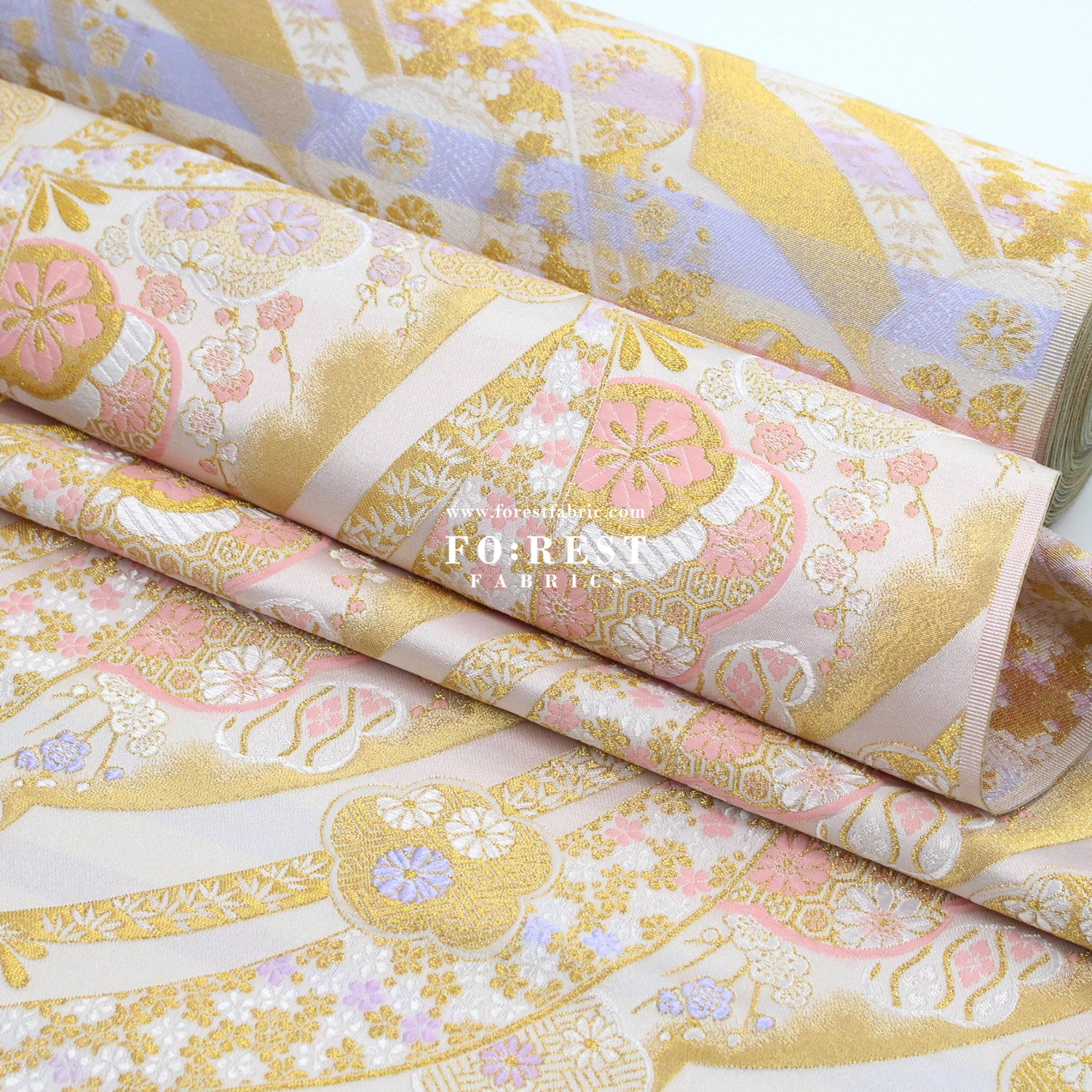 Gold Brocade - Sakura Flower Japanese Style KINRAN Fabric Whitepink ...