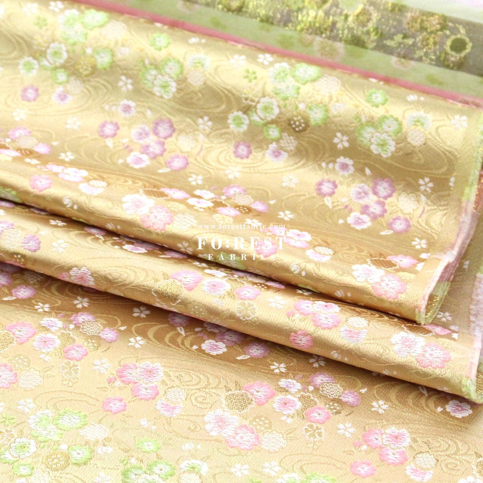 Gold Brocade - Sakura River Japanese Style KINRAN Fabric Lightgold ...
