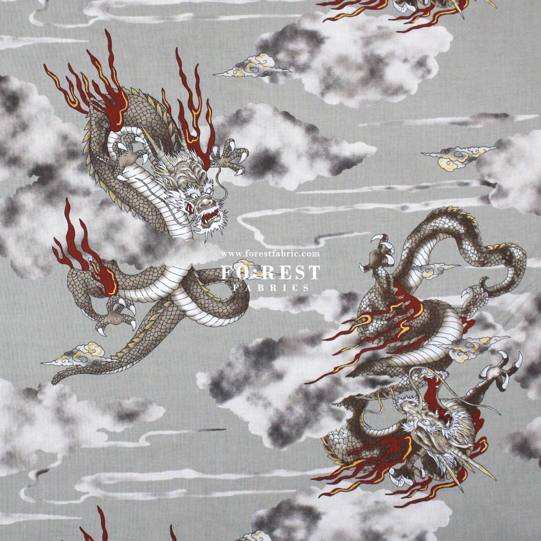 Cotton - Dragon With Metallic Japanese Style Fabric Gray - 50cm - Etsy