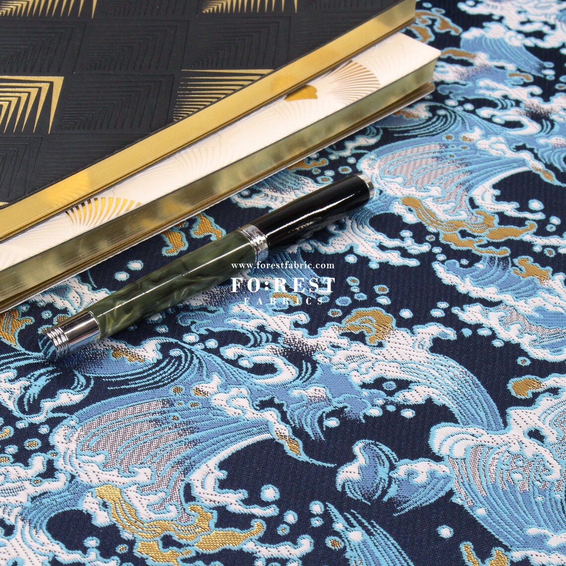 Gold Brocade - Wave Japanese Style KINRAN Fabric Navy - 25cm - Etsy