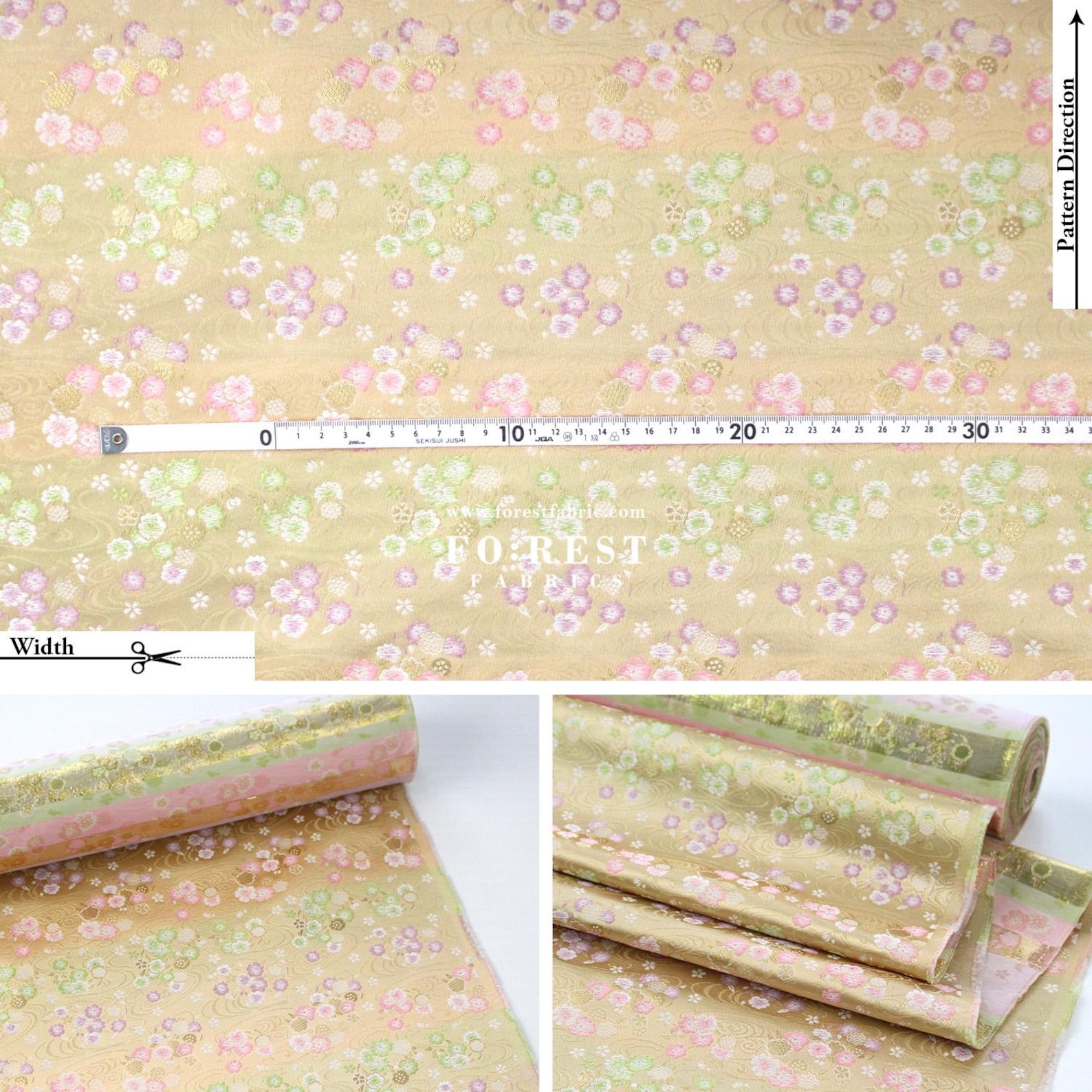 Gold Brocade - Sakura River Japanese Style KINRAN Fabric Lightgold ...