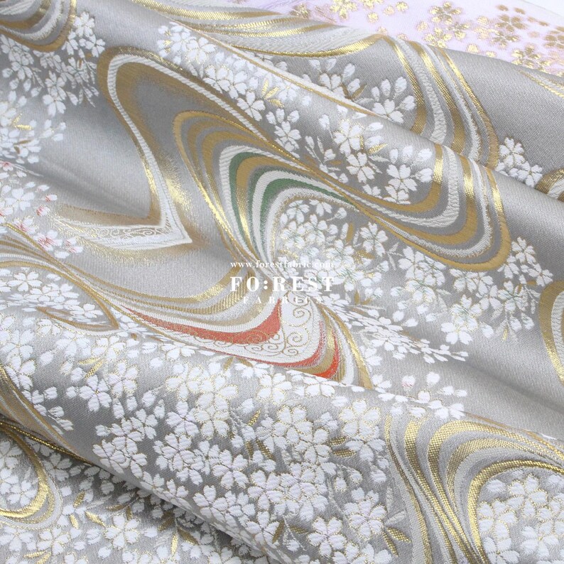 Gold Brocade - Sakura River Japanese Style KINRAN Fabric Milky Gray ...