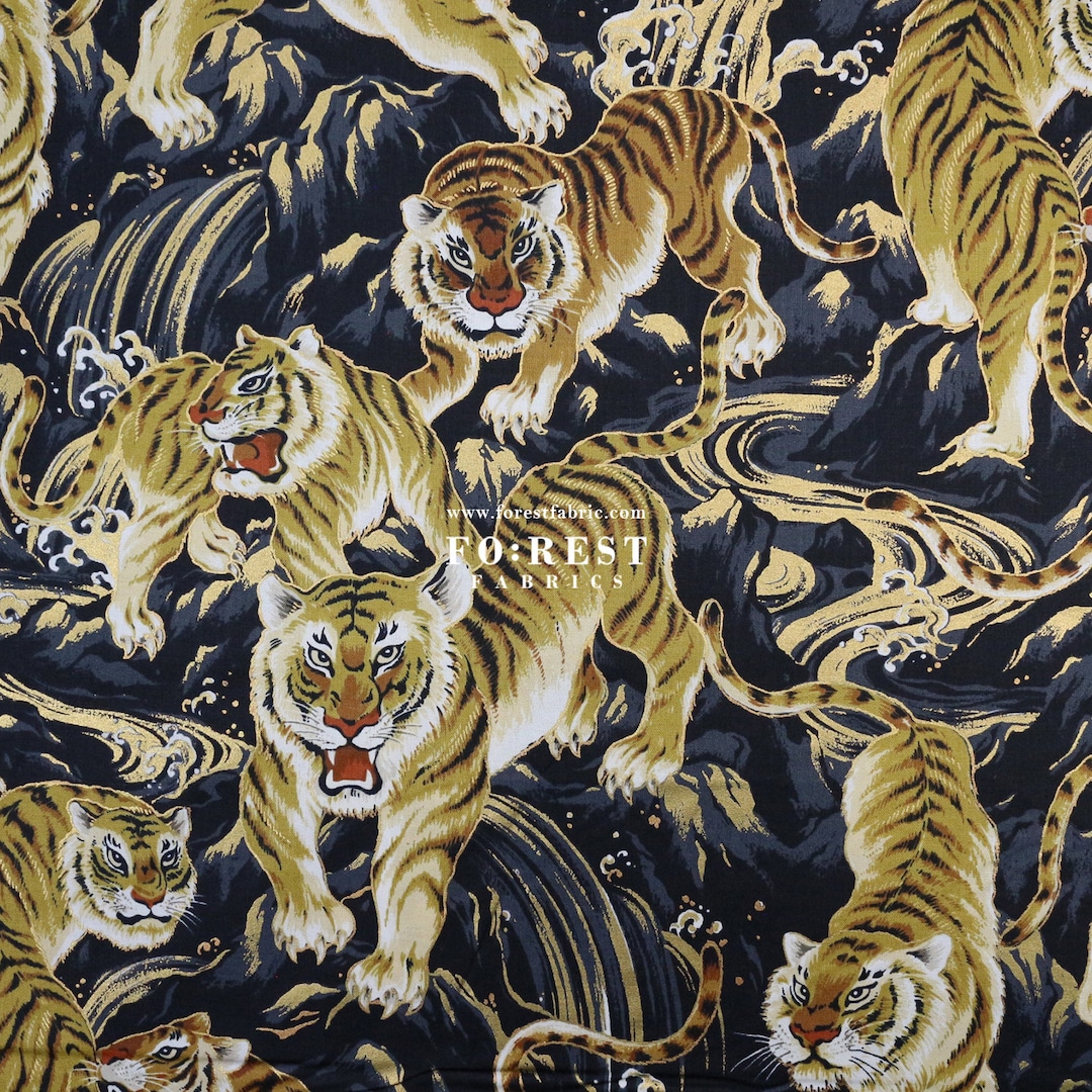 Cotton - Tiger Japanese Style Fabric Black - 50cm - Etsy
