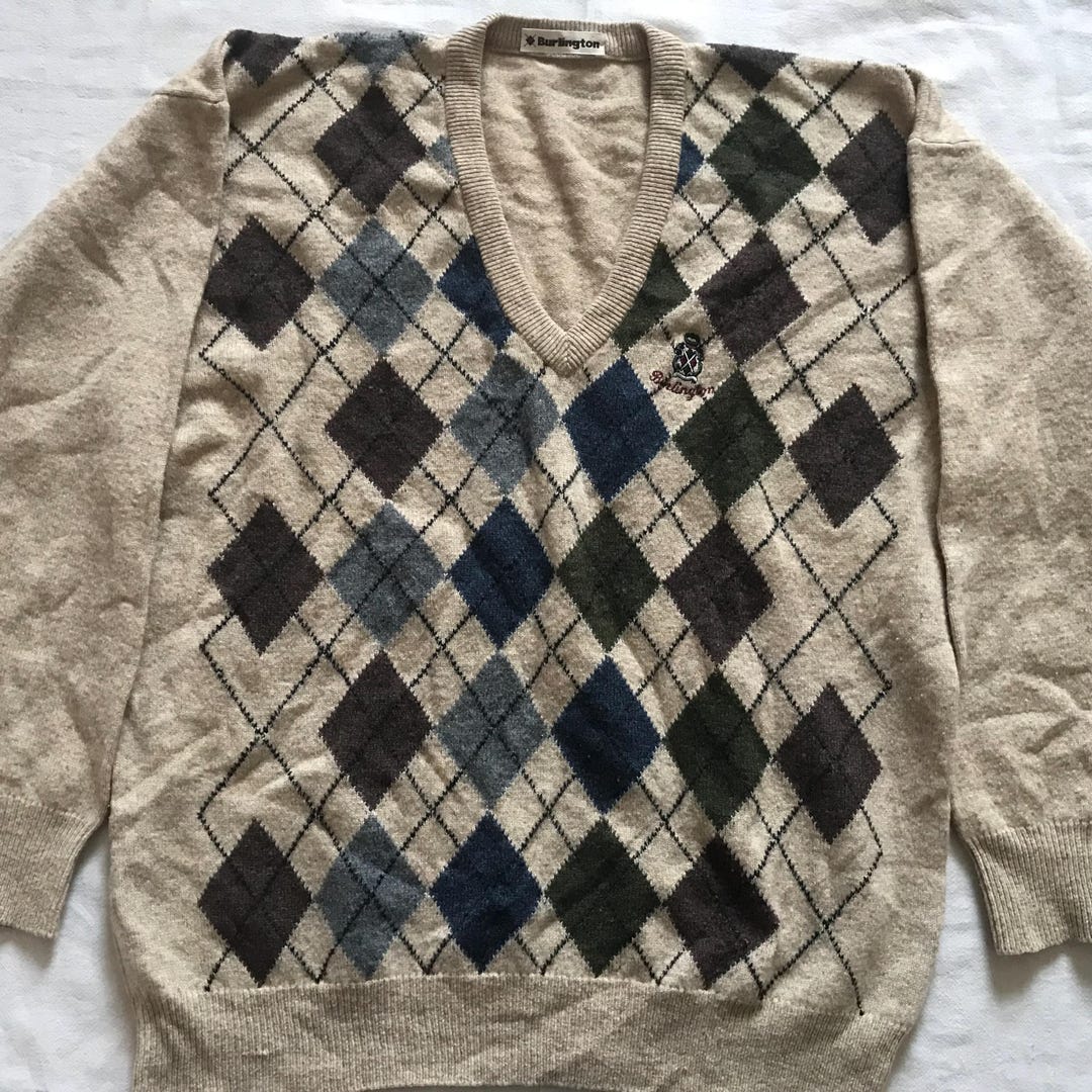 Burlington Men's Pure Wool V-neck Pullover Sweater Beige W/ Broen Rhomb ...