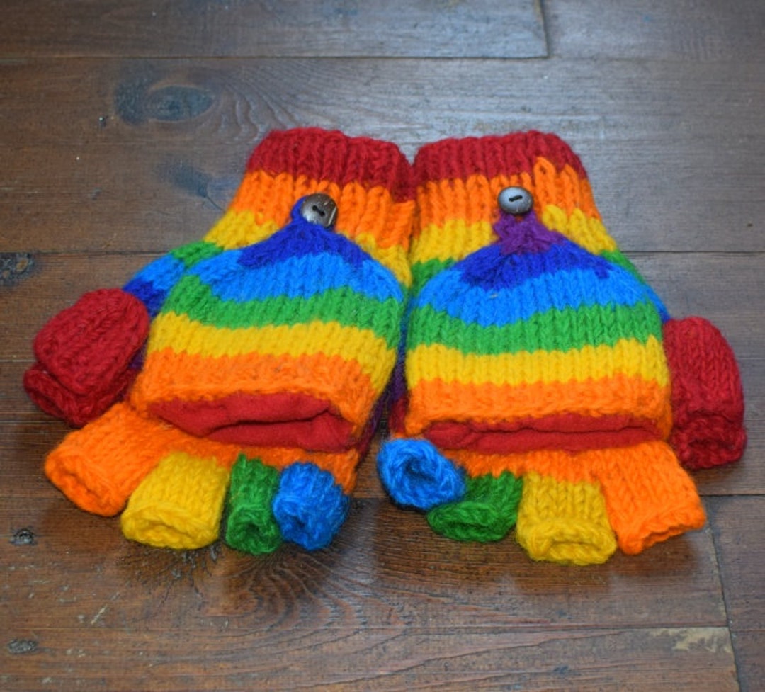 Hand Knitted Winter Fleece Lined Wool Fingerless Dual Hippy Festival ...