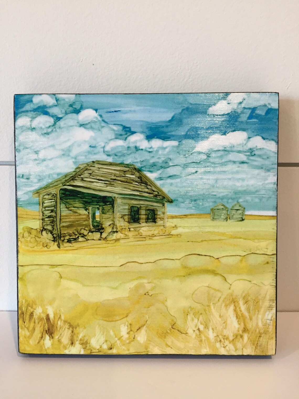Prairie Home, Landscape Painting, Alcohol Ink, Old Farmyard, Grain Bins ...