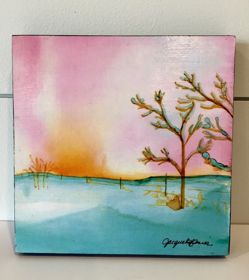 Winter Sunset, Landscape Painting, Alcohol Ink, Painting on Wood - Etsy