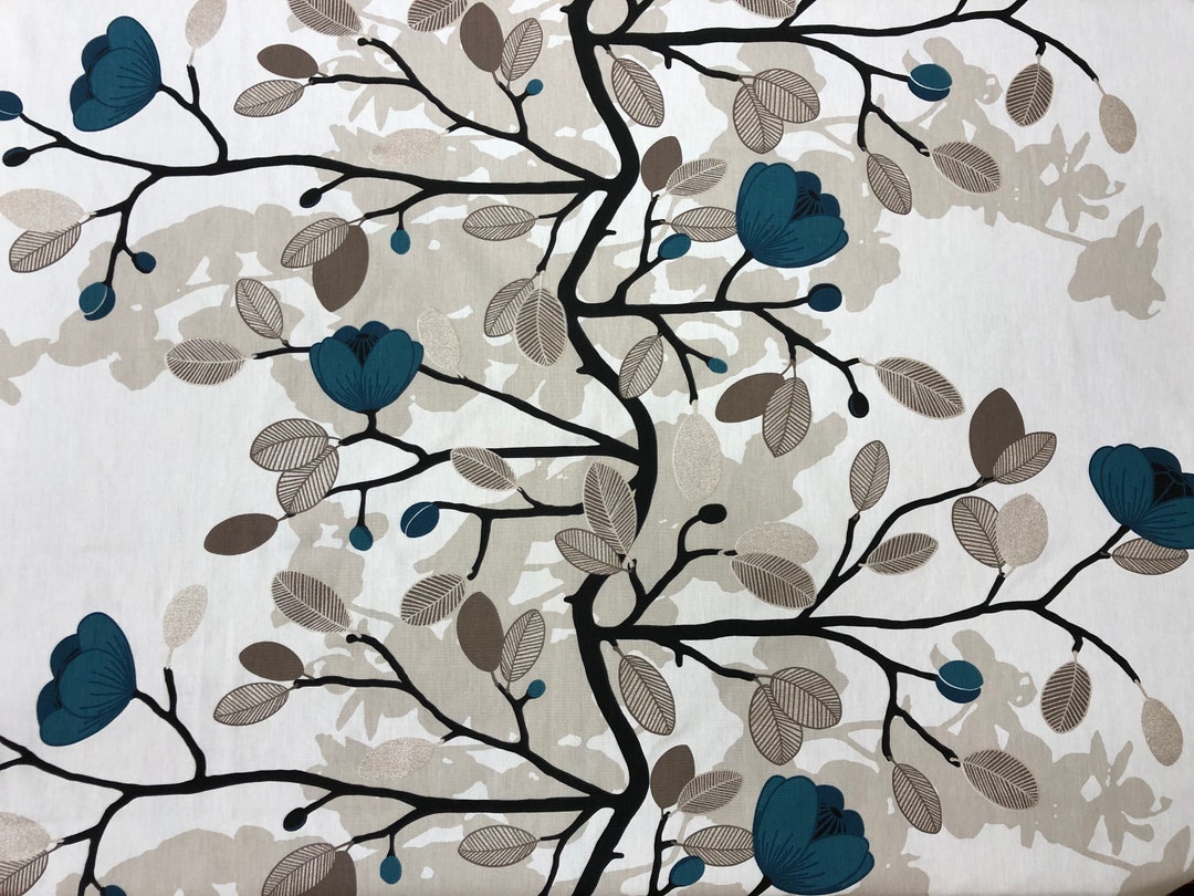Scandinavian Cotton Fabric Magnolia Blossom, Elegant Blue Floral Fabric ...