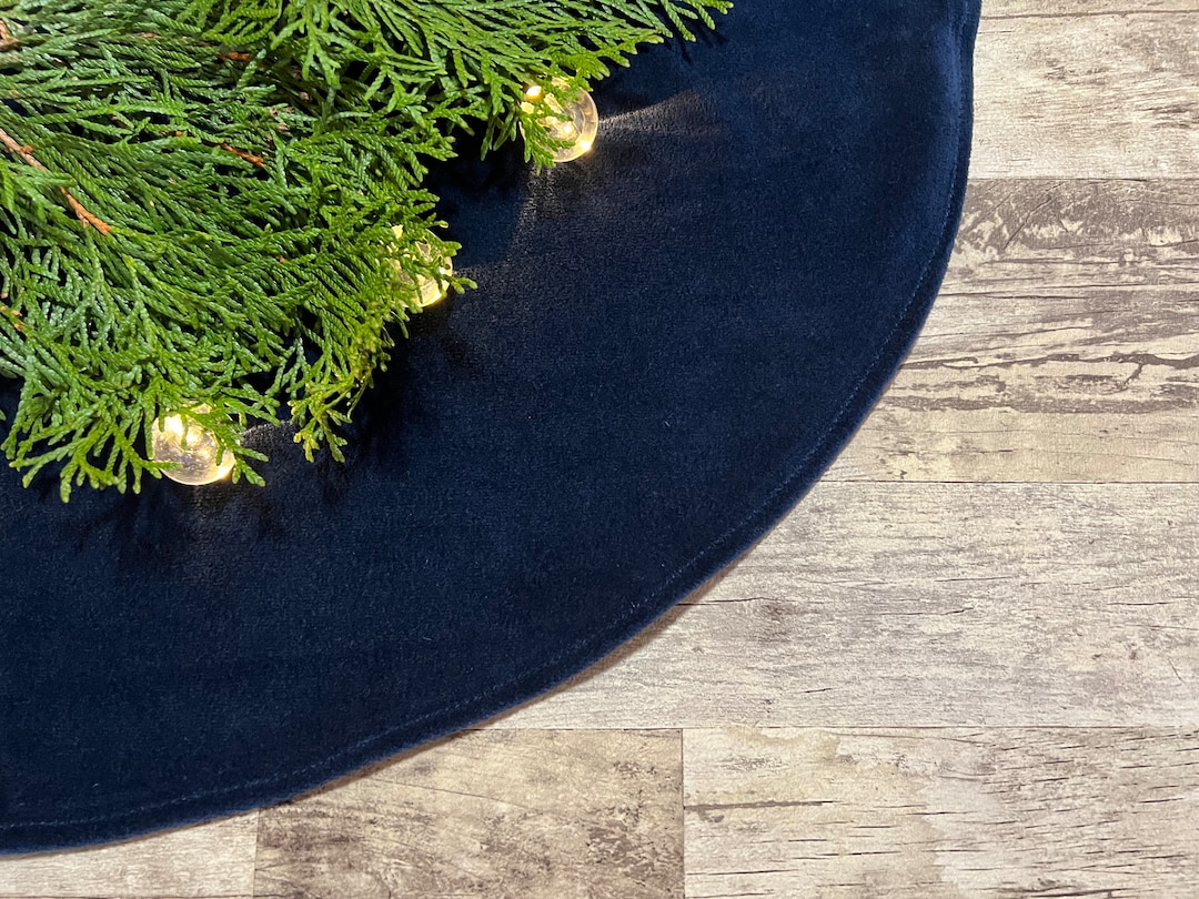 Dark Blue Cotton Velour Christmas Tree Skirt, Holiday Decor (29 Inch ...