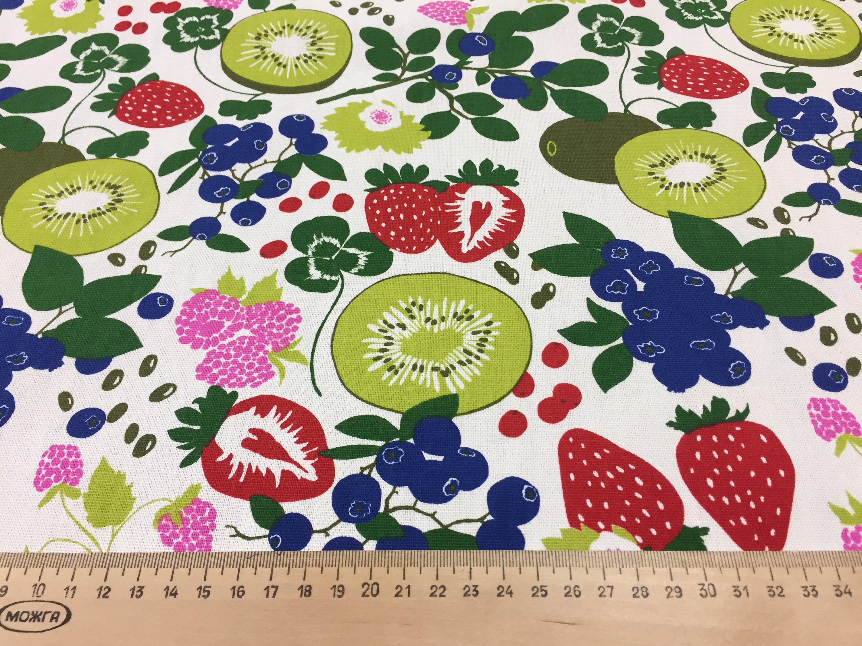 Scandinavian Fruit Print Cotton Fabric: Green, Red, Blue - 59