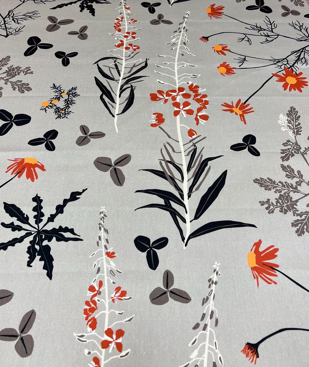 Botanical Print Cotton Fabric: Scandinavian Floral Design, Grey, 59 ...