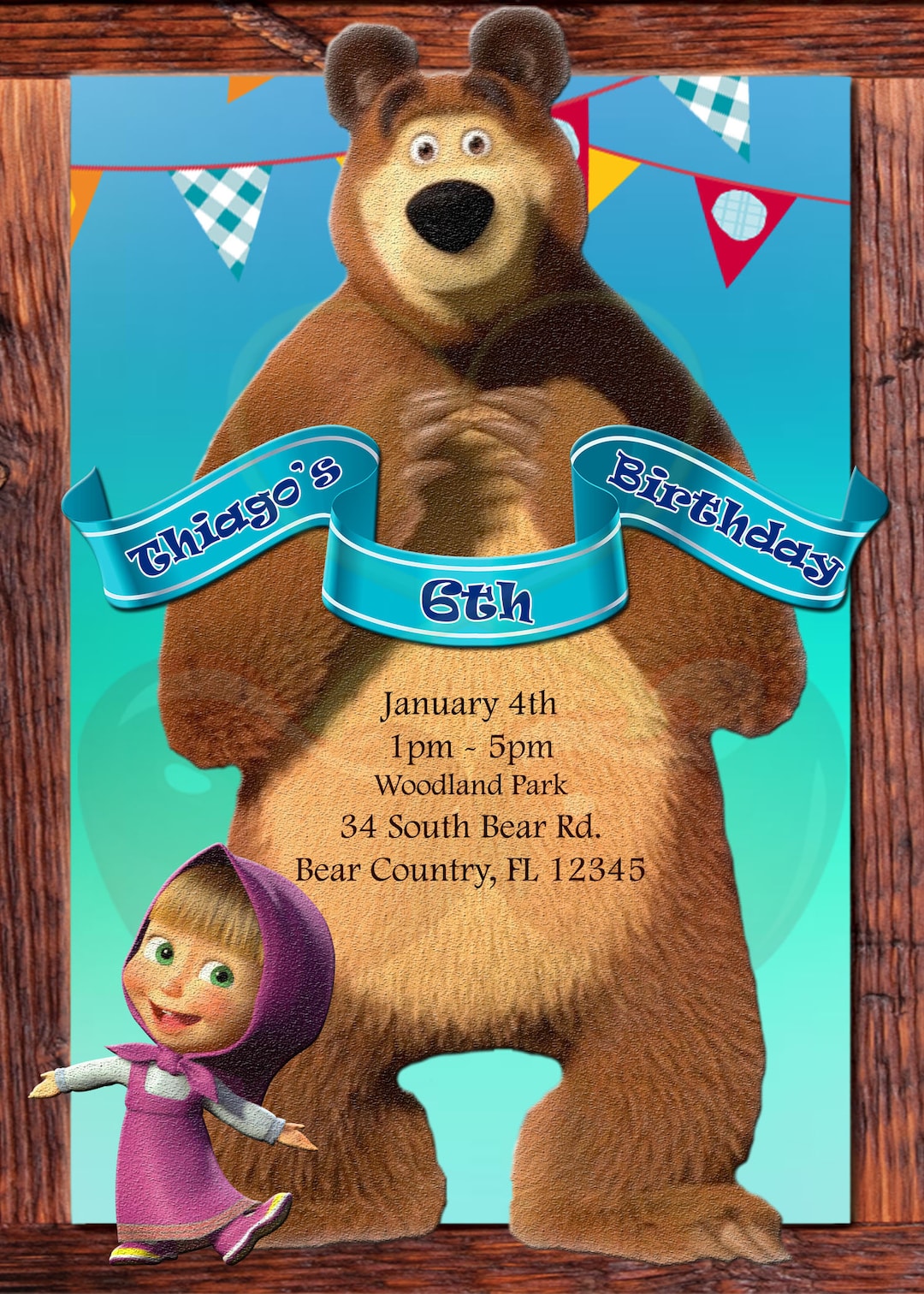 Masha and the Bear Birthday Invitation // Masha and the Bear // Masha ...