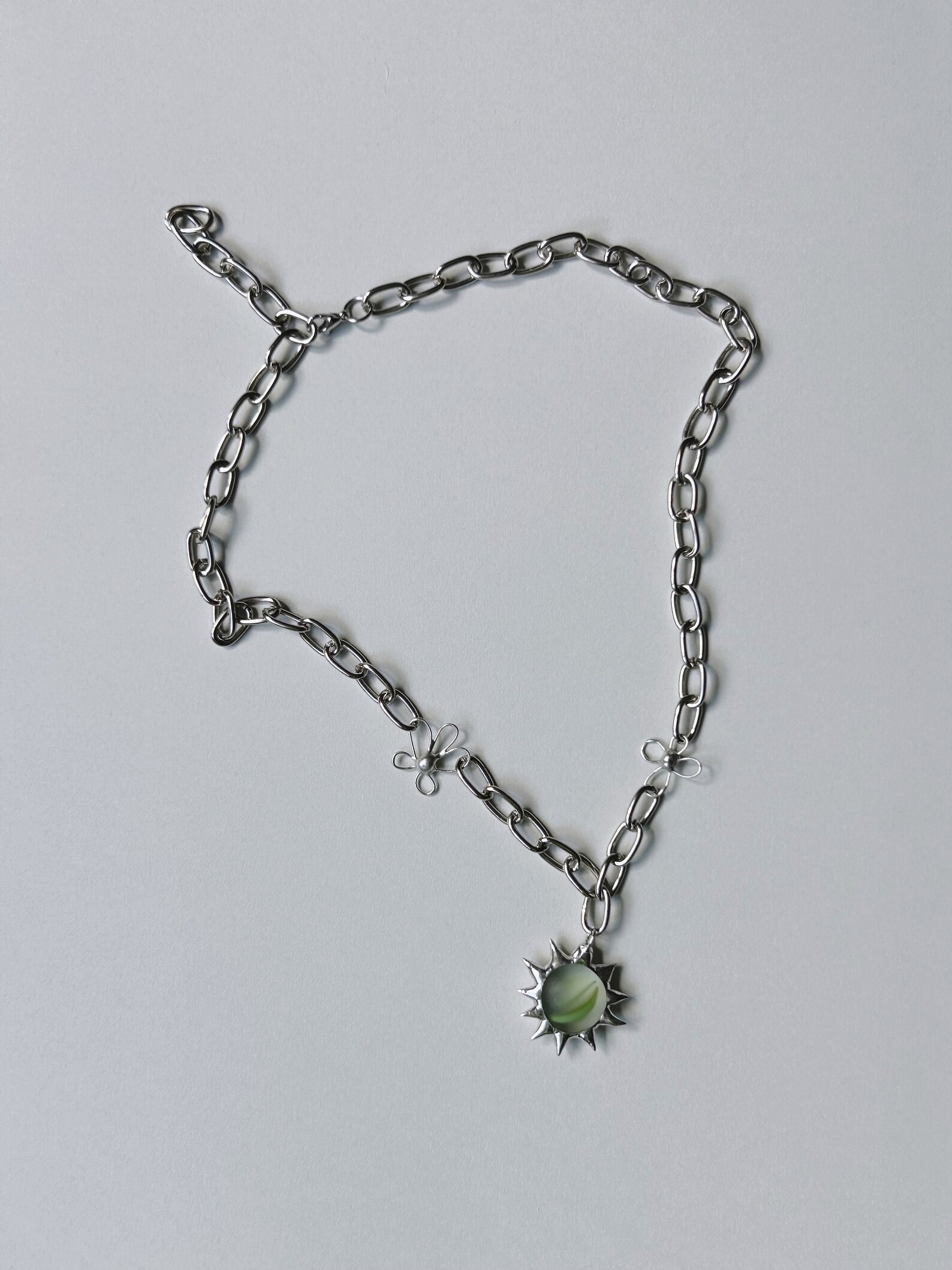 Spiky Sun Necklace, Mint Green Glass Pendant Soft Solder Metal, Flower ...