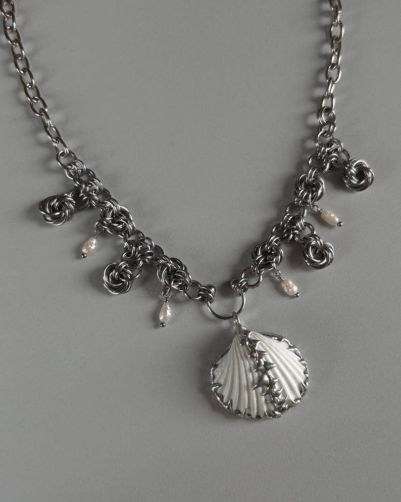 Elegant Chainmaille Spiked Sea Shell Necklace With Pearls Coastal ...