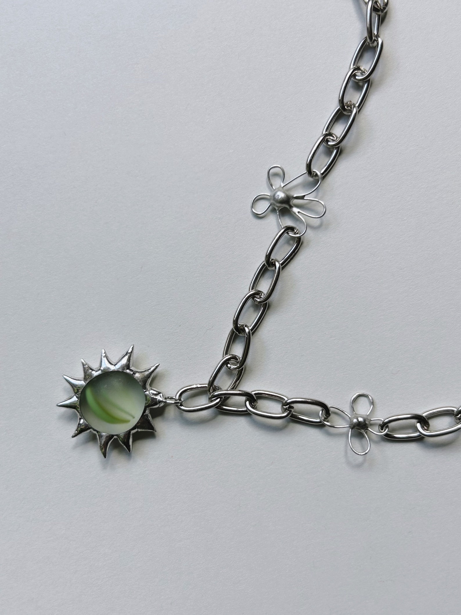 Spiky Sun Necklace, Mint Green Glass Pendant Soft Solder Metal, Flower ...