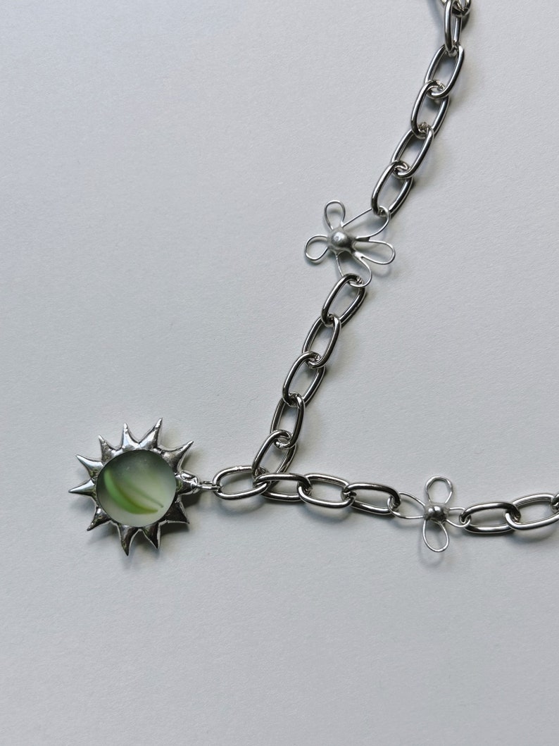Spiky Sun Necklace, Mint Green Glass Pendant Soft Solder Metal, Flower ...