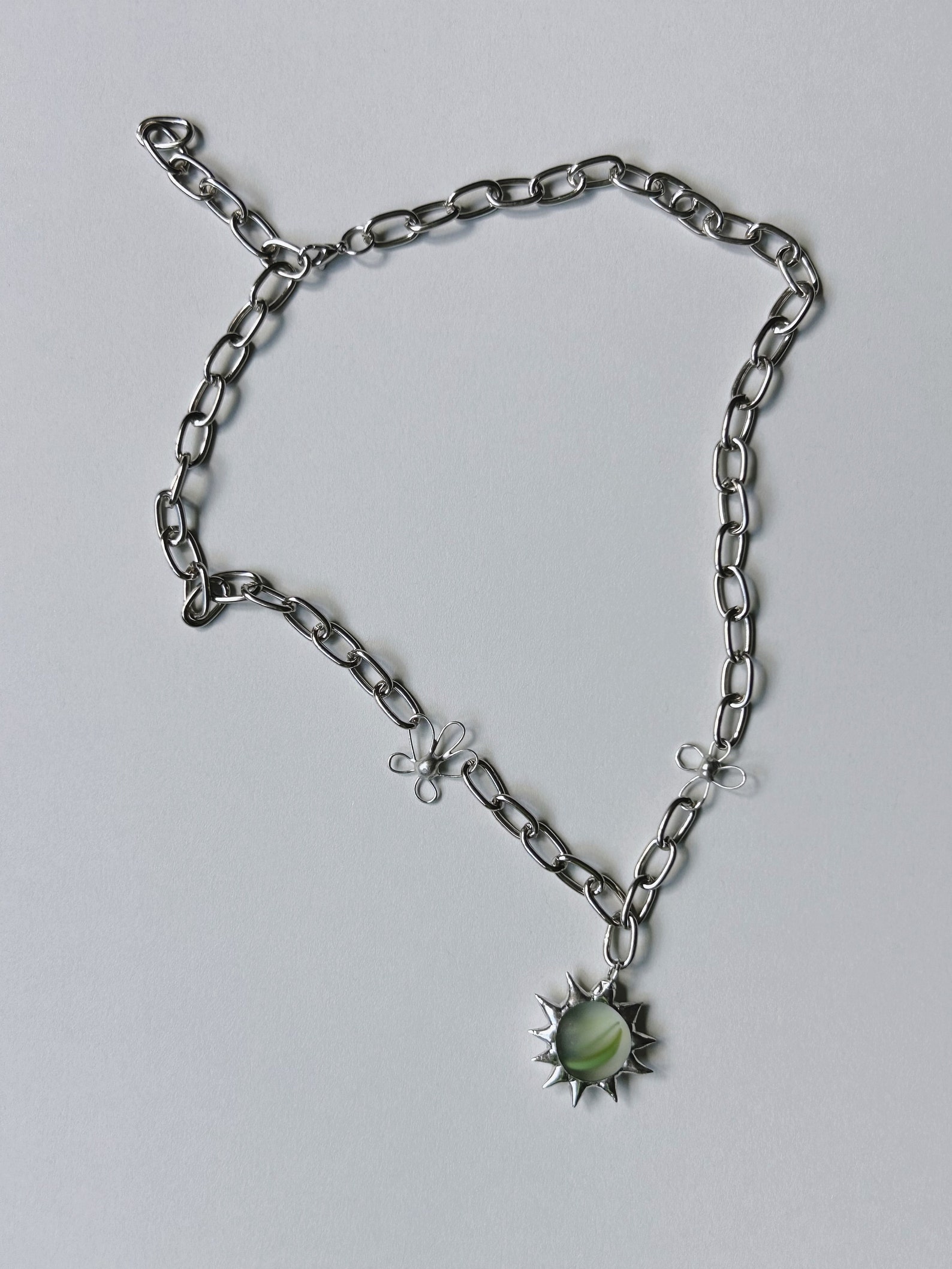 Spiky Sun Necklace, Mint Green Glass Pendant Soft Solder Metal, Flower ...