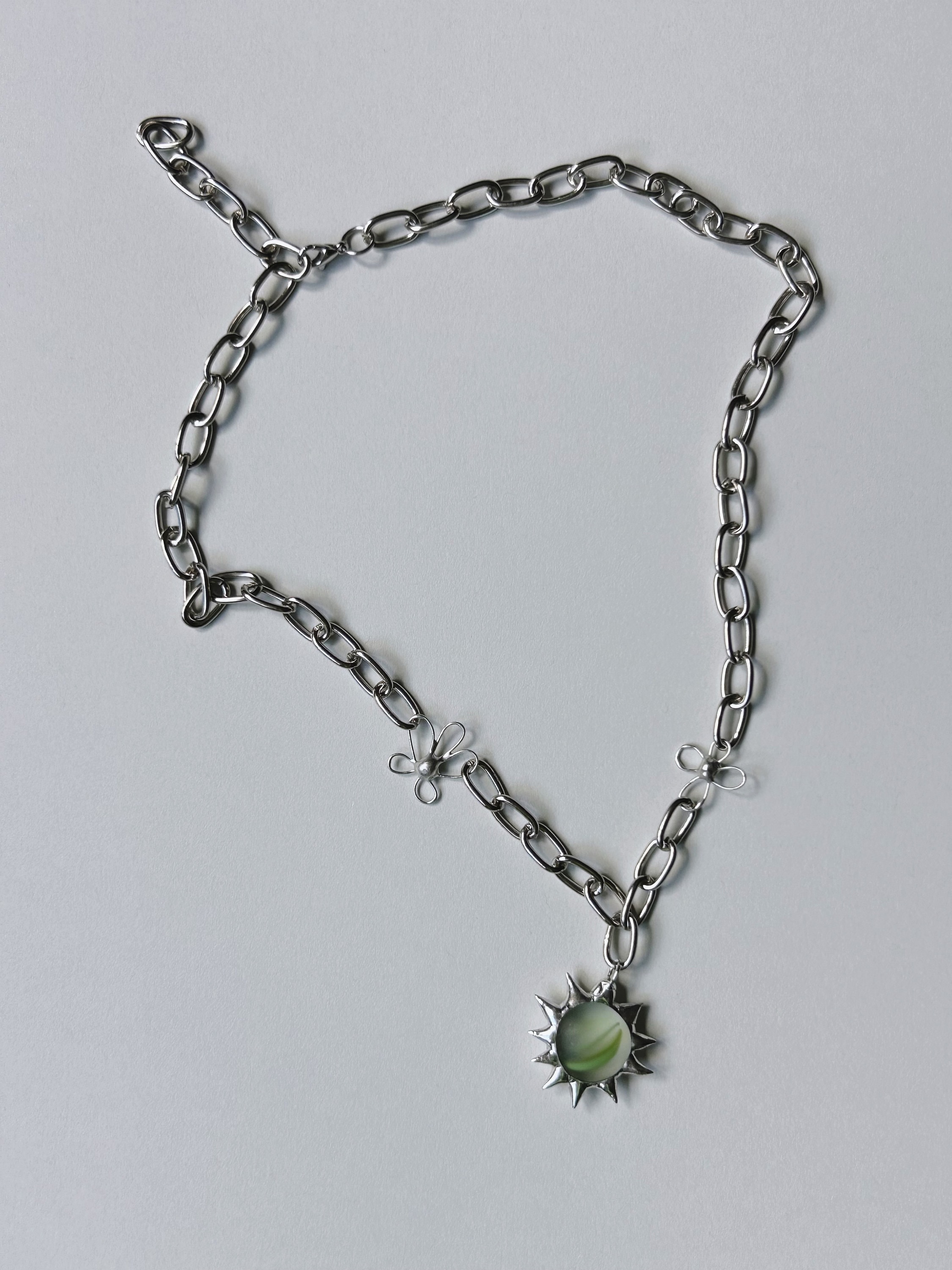 Spiky Sun Necklace, Mint Green Glass Pendant Soft Solder Metal, Flower ...