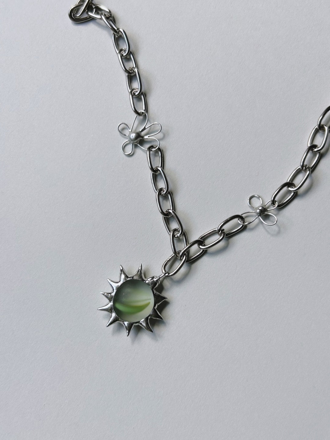 Spiky Sun Necklace, Mint Green Glass Pendant Soft Solder Metal, Flower ...