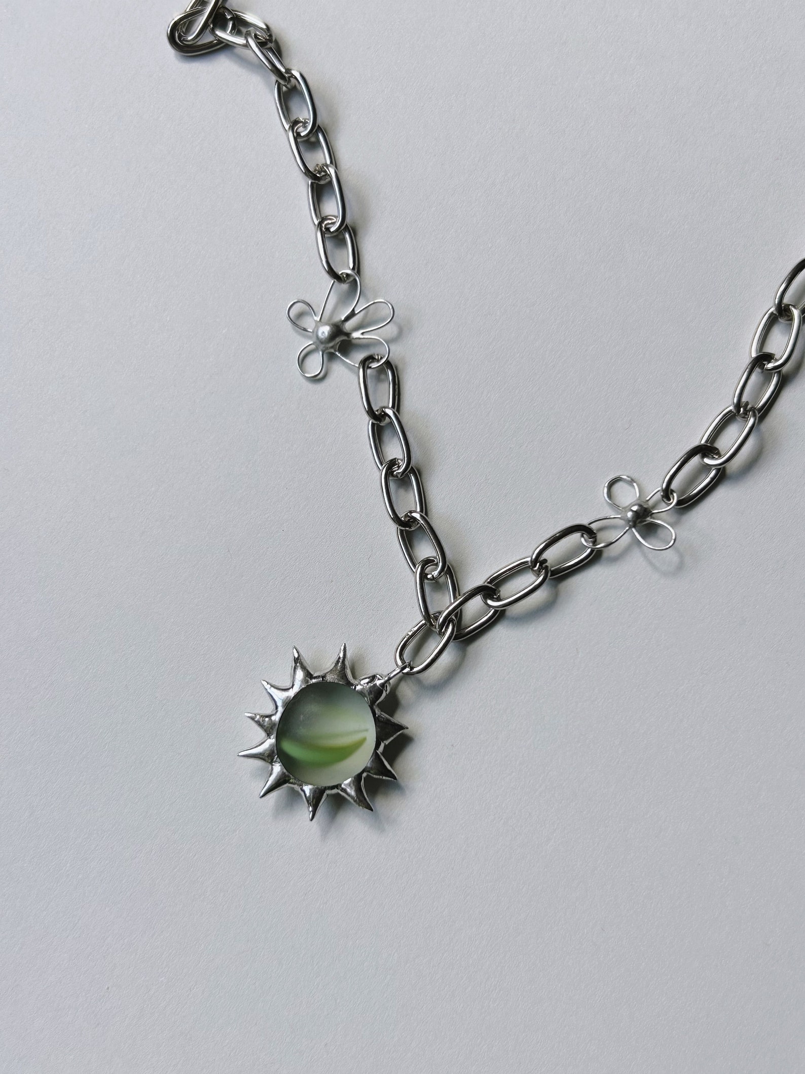 Spiky Sun Necklace, Mint Green Glass Pendant Soft Solder Metal, Flower ...
