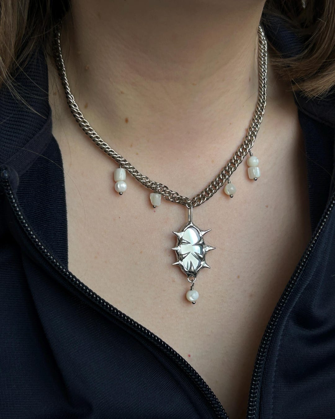 Spiked Mirror With Silver Chain Necklace and Dangling Shell Beads - Etsy