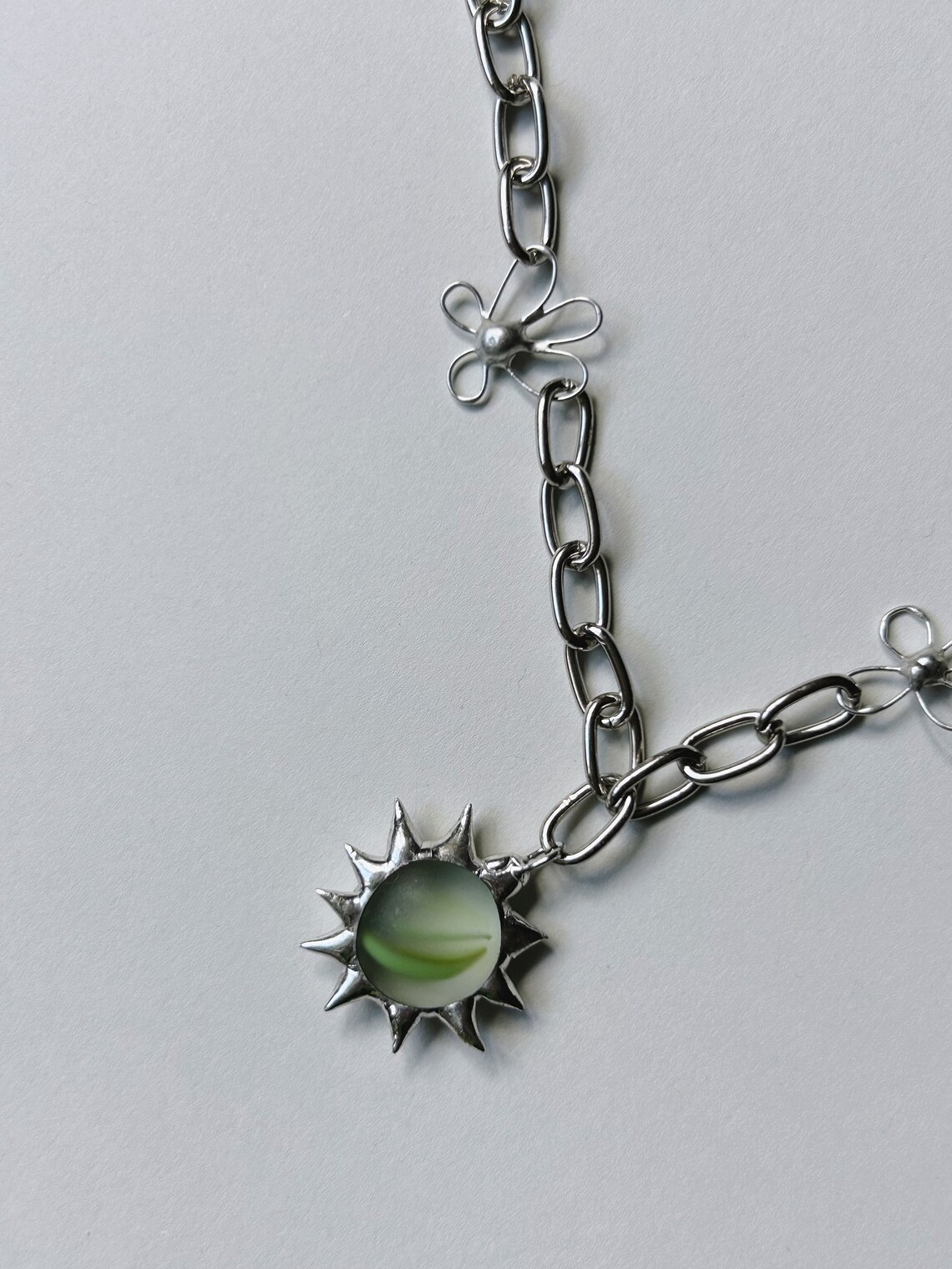 Spiky Sun Necklace, Mint Green Glass Pendant Soft Solder Metal, Flower ...