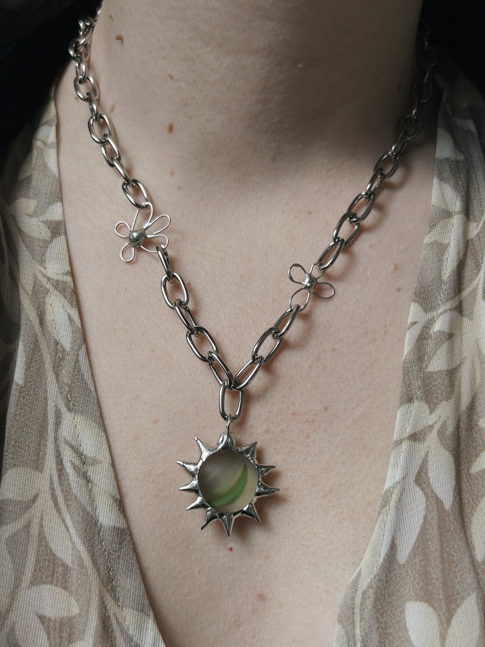 Spiky Sun Necklace, Mint Green Glass Pendant Soft Solder Metal, Flower ...