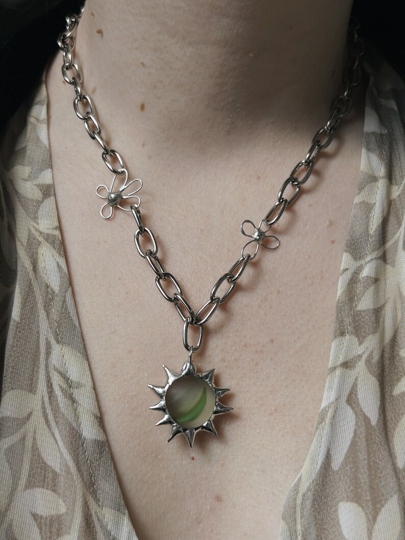 Spiky Sun Necklace, Mint Green Glass Pendant Soft Solder Metal, Flower ...