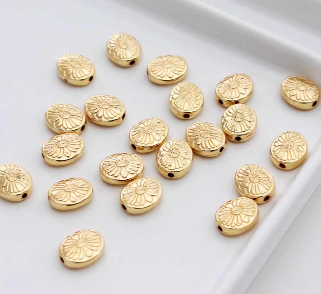 10 X Flower Oval Spacer Charms - 10x12mm , Hole 1mm, 14k Gold Plated ...