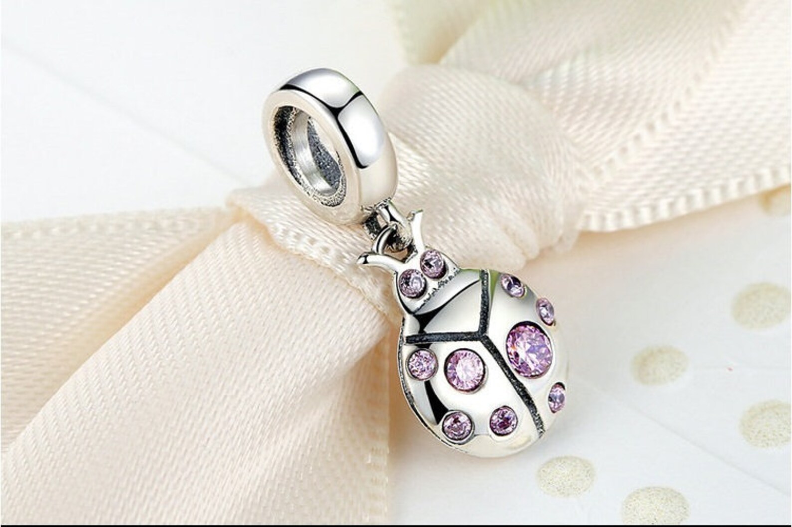 LADY BUG DANGLE Pink Cz Charm , 100% Real 925 Sterling Silver, Fits ...