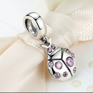 LADY BUG DANGLE Pink Cz Charm , 100% Real 925 Sterling Silver, Fits ...