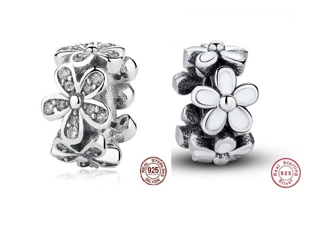 Choose WHITE Enamel or PAVE CZ Daisy Spacer Charm, Authentic 925 ...