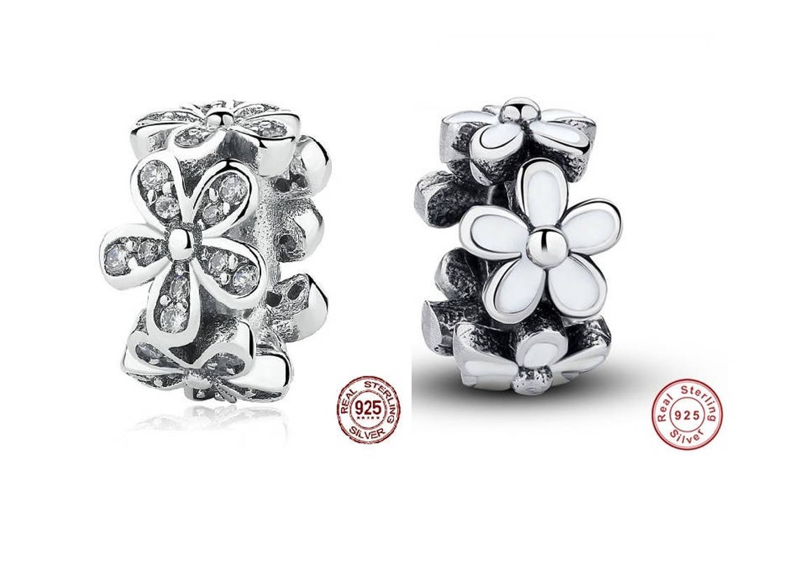 Choose WHITE Enamel or PAVE CZ Daisy Spacer Charm, Authentic 925 ...