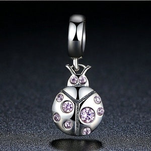 LADY BUG DANGLE Pink Cz Charm , 100% Real 925 Sterling Silver, Fits ...