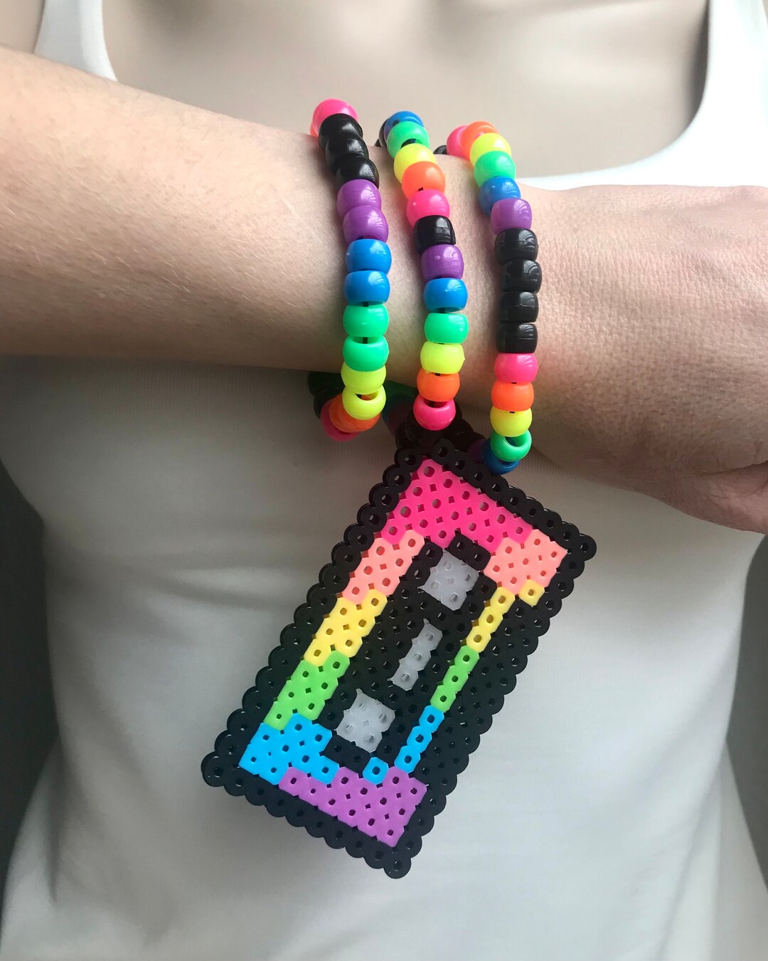Perler and Kandi Bracelets Set, 80s Style Mix Tape Design, Neon Rainbow ...