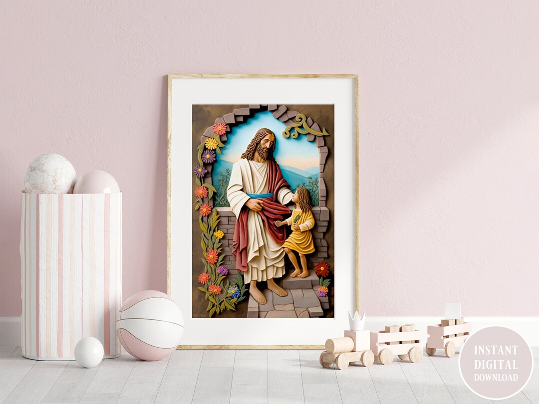 Safe and Secure - Little Girl Spending Time With Jesus Kids Room Decor ...