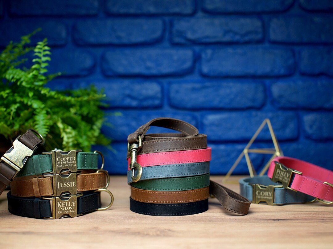 Dog Collar and Leash Set Personalized, Leather Dog Collars for Small ...