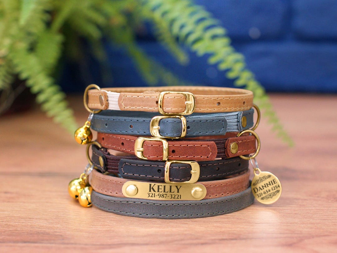 Personalized Cat Collar With Metal Name Plate or ID Tag, Custom Leather ...