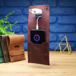 Leather Wall Charger Holder, Travel Charging Pouch, Personalized iPhone ...