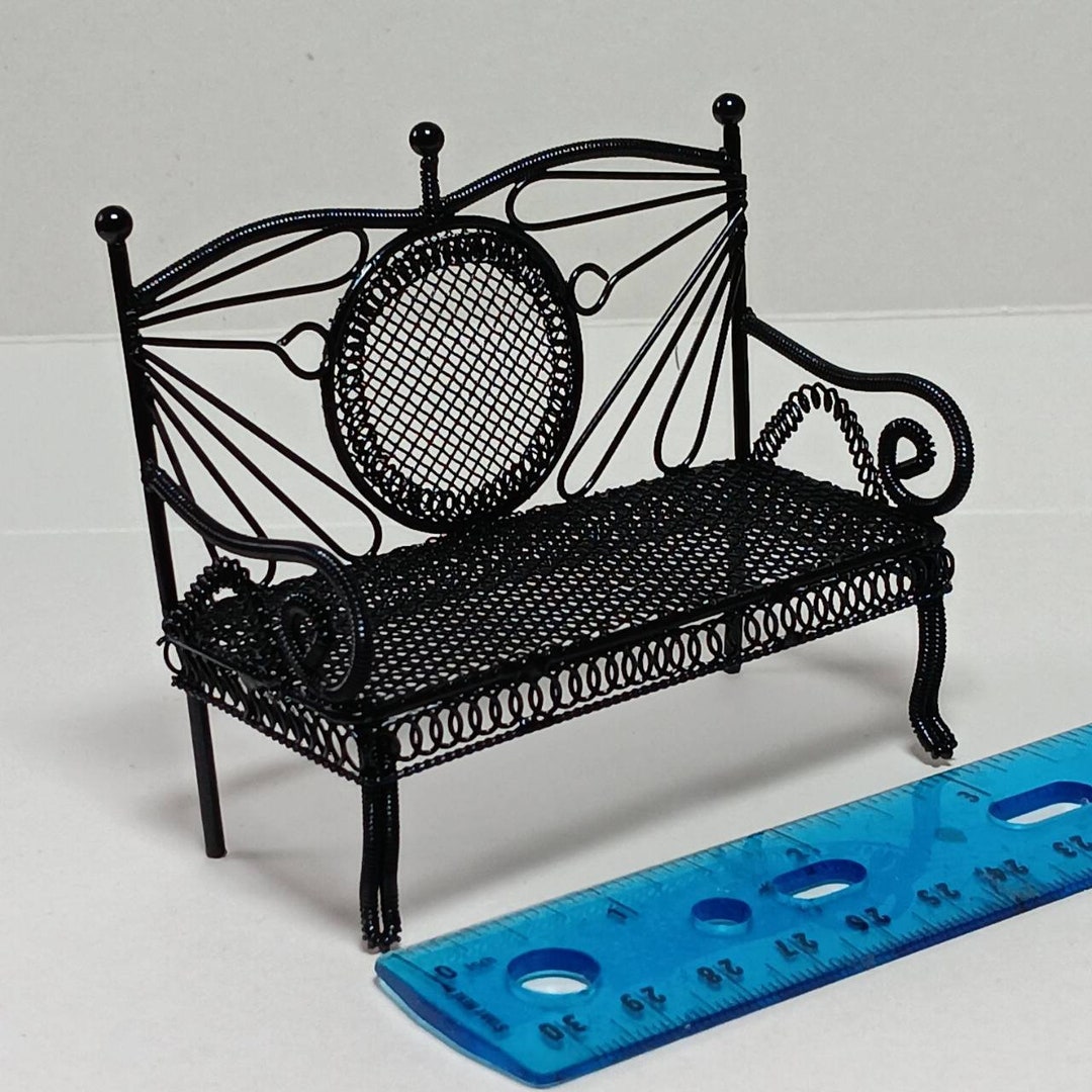 1;12 Scale Miniature Black Metal Bench, Dollhouse Seating, Garden Bench ...