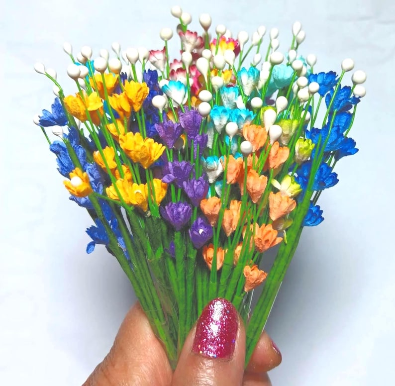 One Bunch of 15 Mulberry Paper Flowers With Wire Stems - Miniature ...