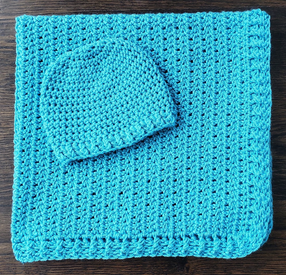 Crocheted Turquoise Baby Blanket and Hat - Etsy