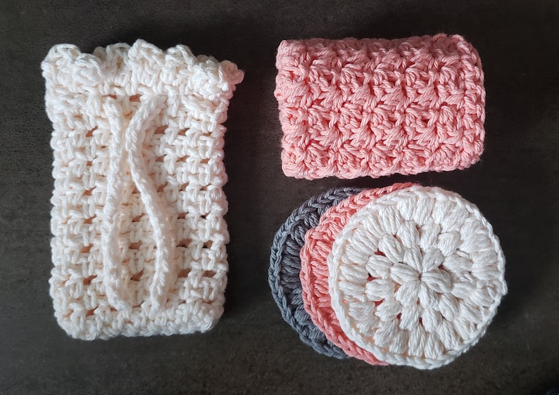 Crocheted Bath Set - 3 Face Scrubbies, 1 Washcloth & 1 Soap Pouch - Etsy