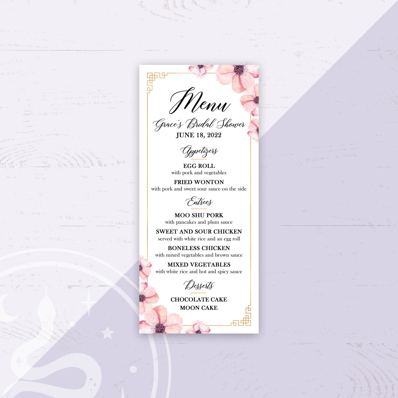 Chinese Printable Menu Card Wedding Bridal Shower Baby | Etsy