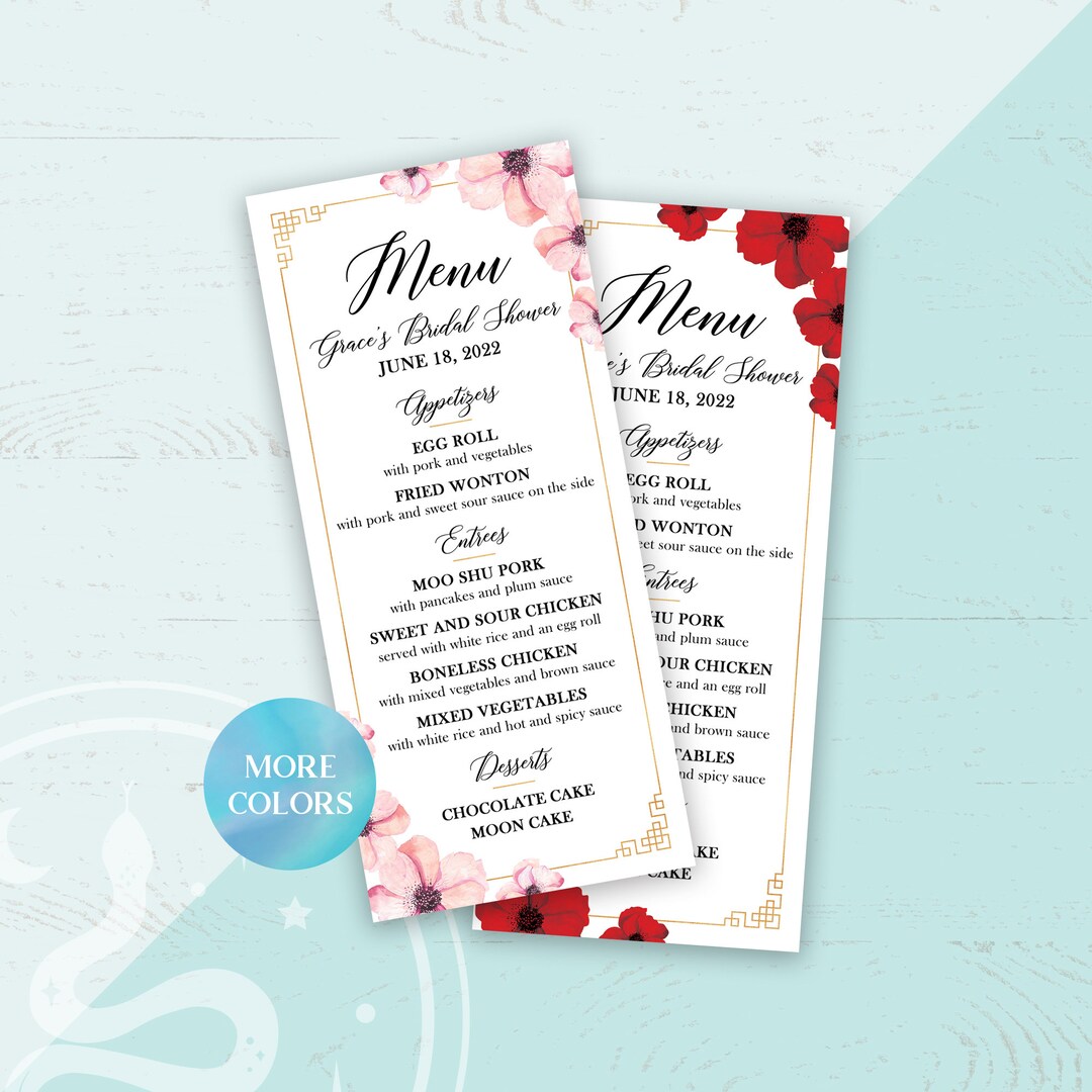 Chinese Printable Menu Card Wedding Bridal Shower Baby - Etsy